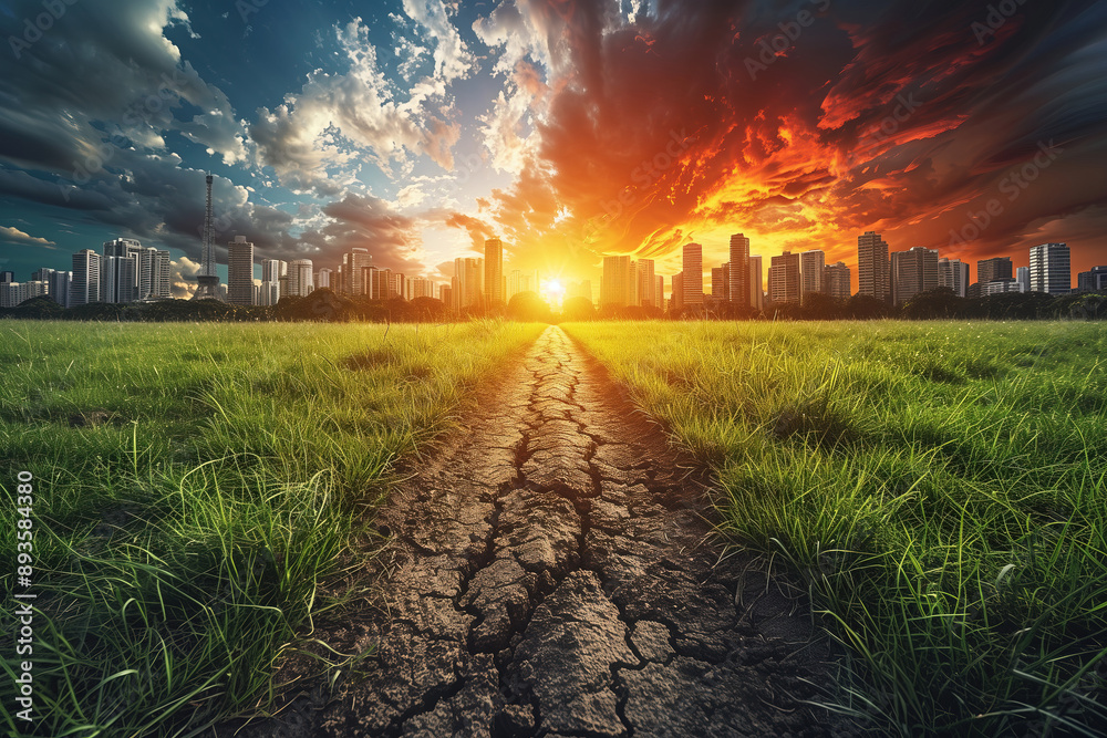 Impact of global warming showcase. Contrast division, hot sun over city ...