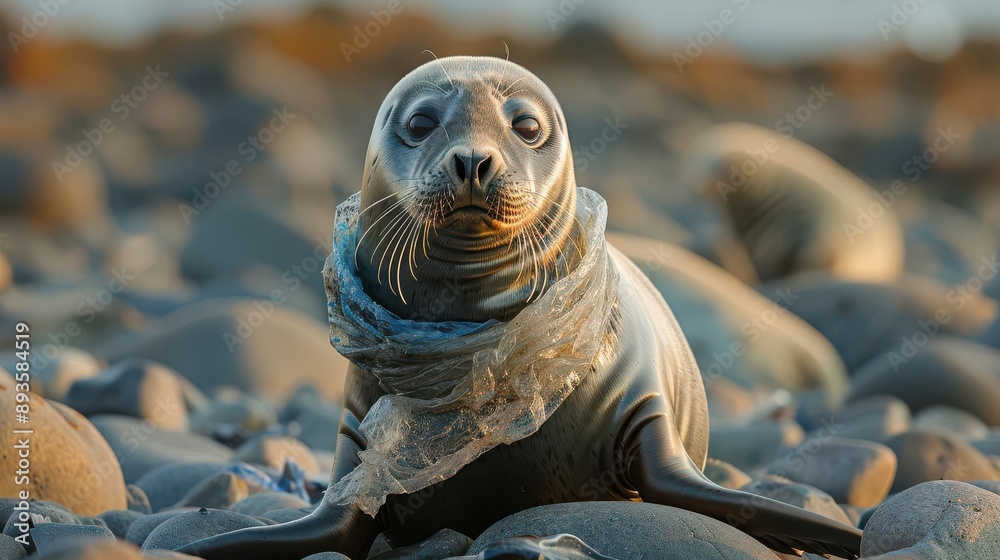 Seal with plastic wrapped around its neck, sunbathing on rocks, Marine ...