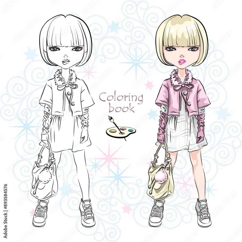 Vector Coloring Book page 20 of Girl with bob haircut, stylish jacket ...