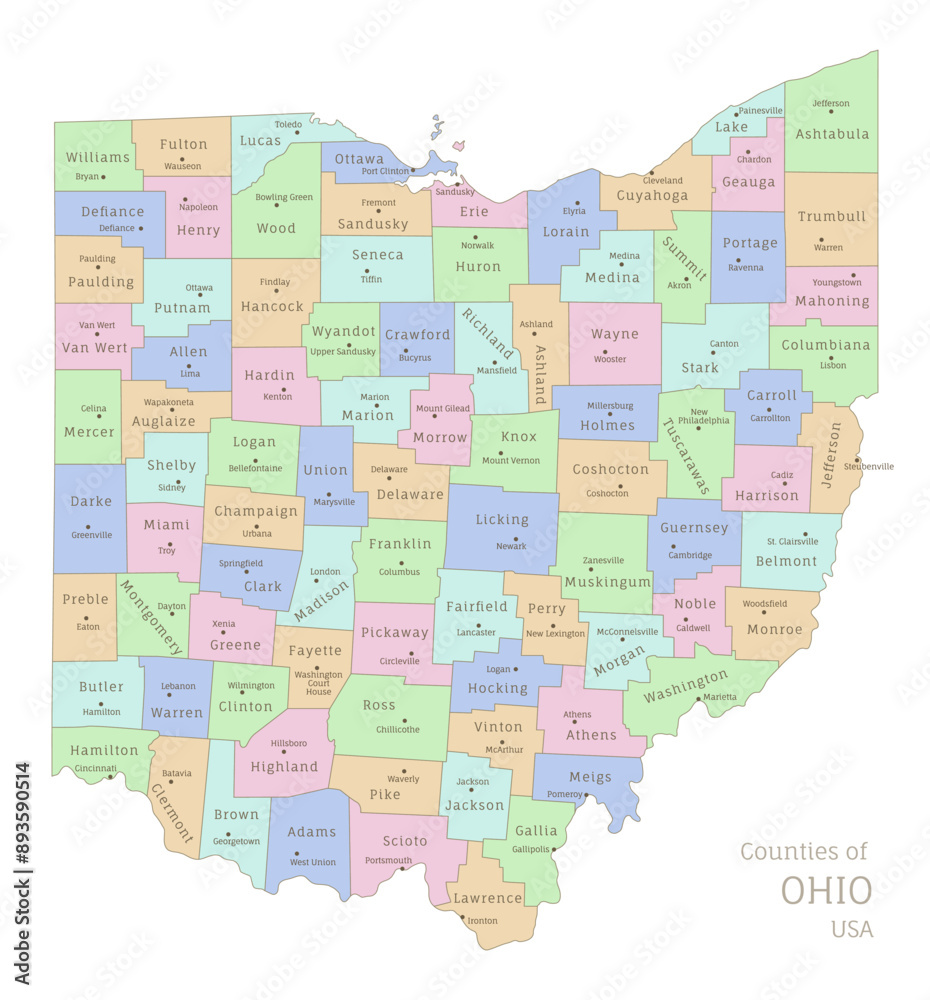 Counties of Ohio, administrative map of USA federal state. Highly ...