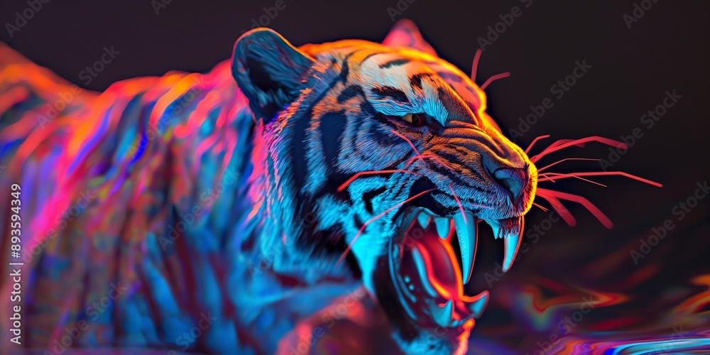 Anamorphosis art of a polychromatic growling tiger figure, highlighted ...