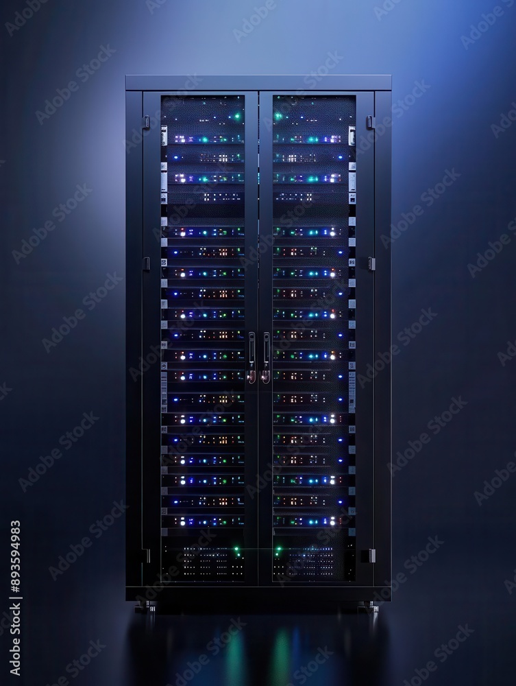 High-tech server rack with illuminated components in a dark environment ...
