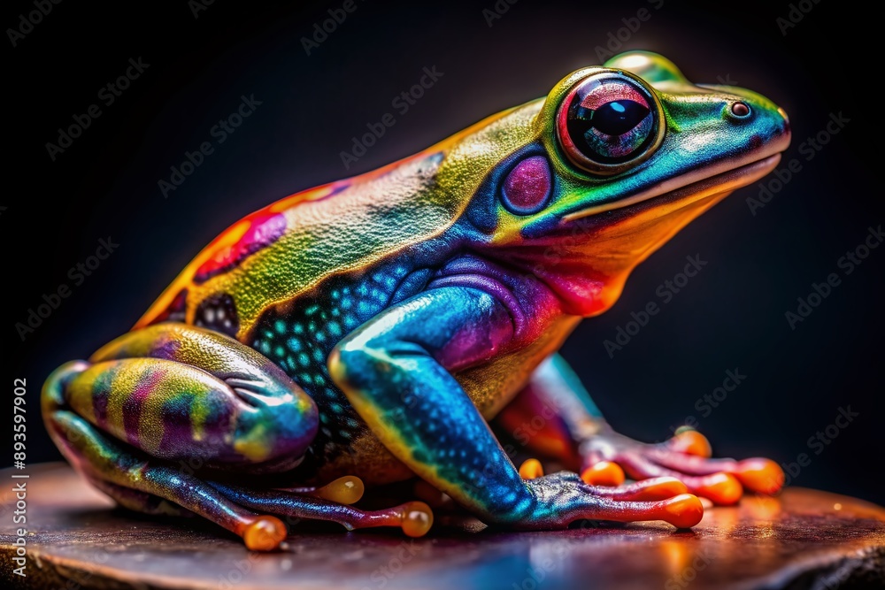 Vibrant multicolored frog with iridescent sheen posed on a dark ...