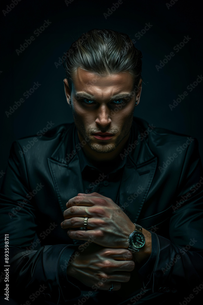 handsome young man , modern mafia , wearing an expensive black suit and ...