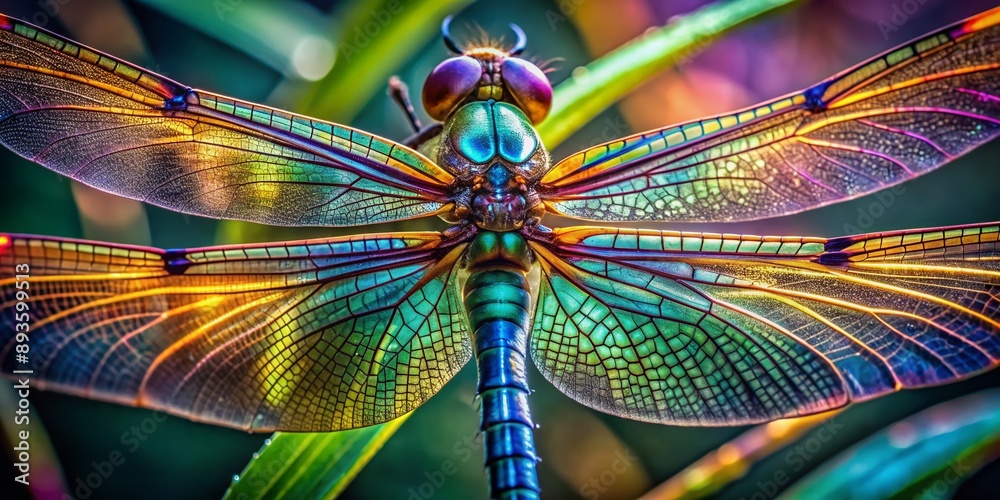 Vibrant iridescent wings and delicate body of a magnificent dragonfly ...