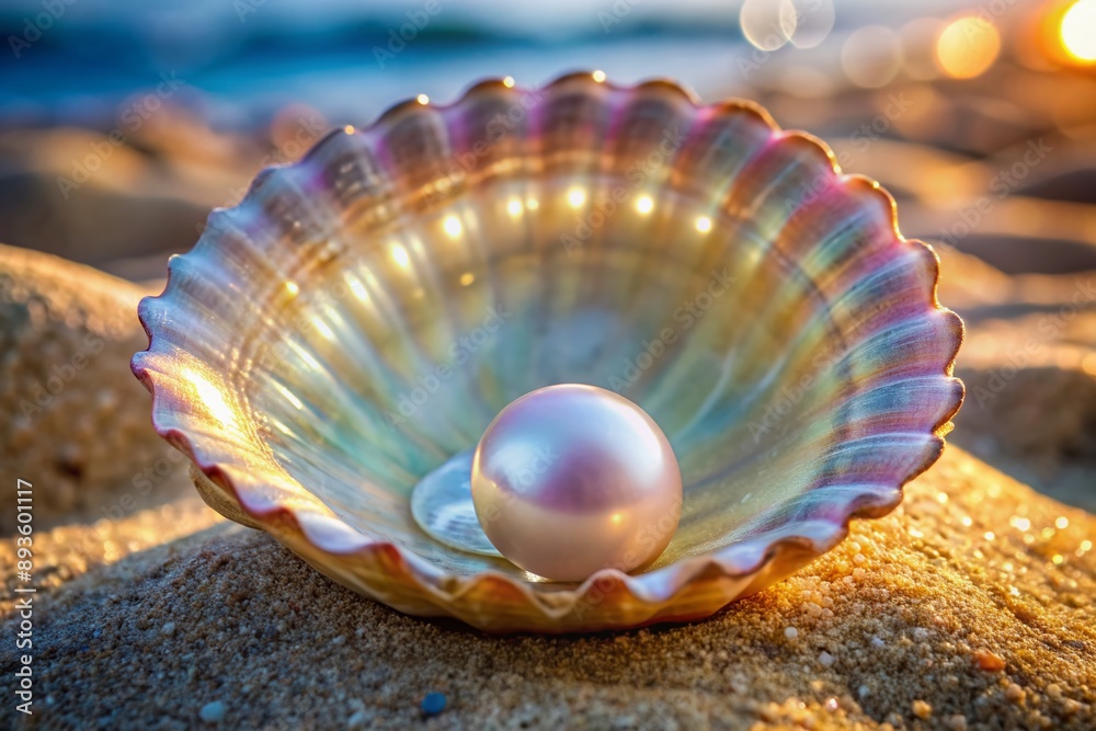The image shows a beautiful seashell with a pearlescent sheen. The ...
