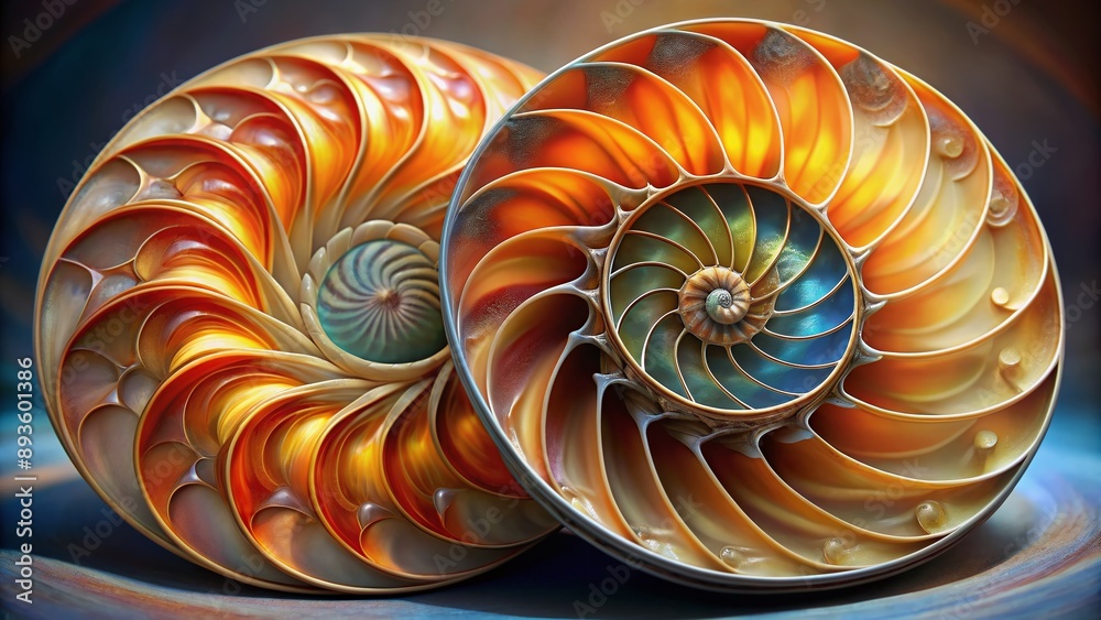 Vibrant, intricate illustration of a nautilus shell cut in half ...