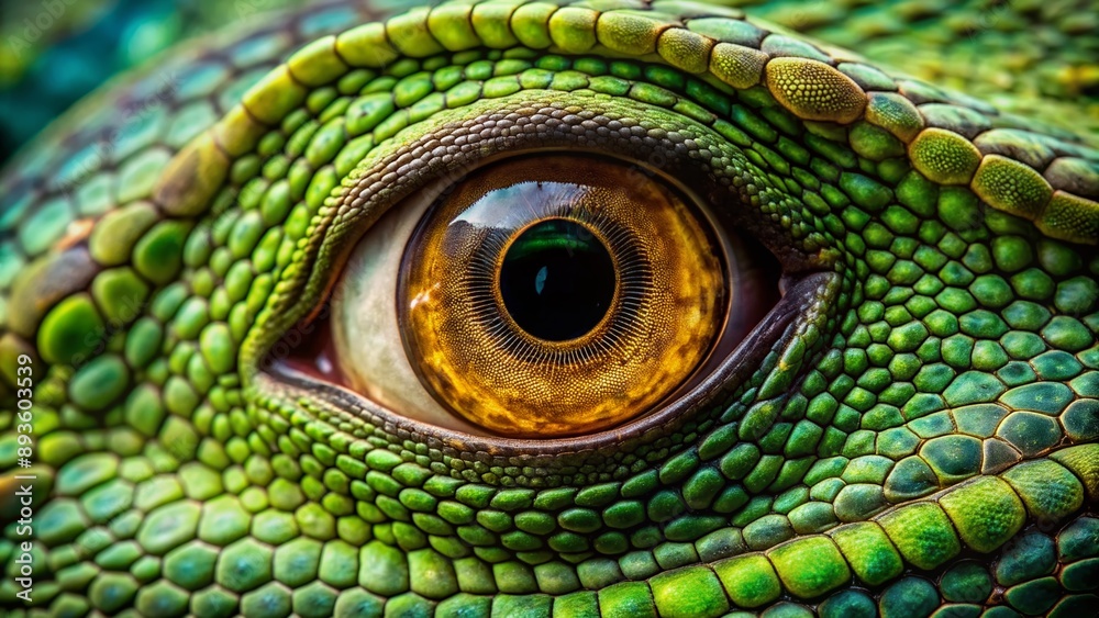 Vibrant green scaly reptile eye with vertical pupil stares intensely ...