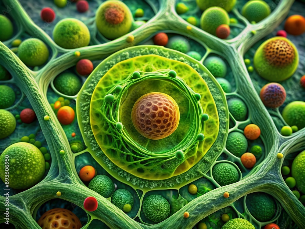 "Vibrant green plant cell magnified under digital microscope lens, revealing intricate cellular ...