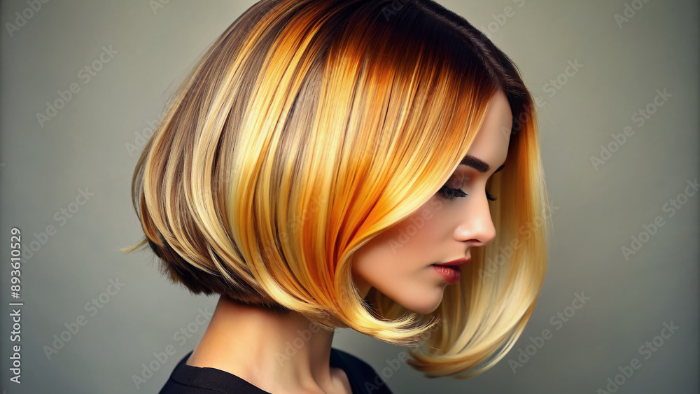 Vibrant ombre locks cascade down a sleek, short bob hairstyle ...