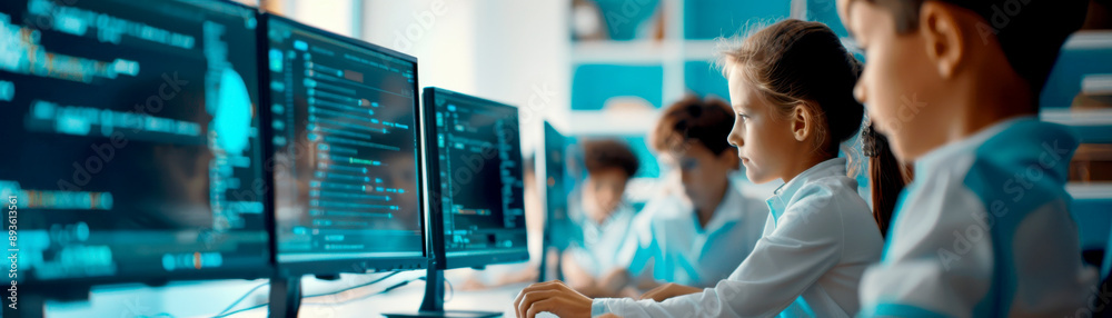 Foto de Children in a computer lab learning to code, focusing on programming, teamwork, and ...