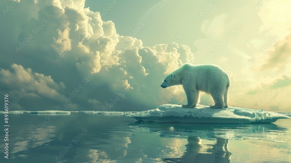 Polar bear on a shrinking ice floe in the Arctic, illustrating the ...