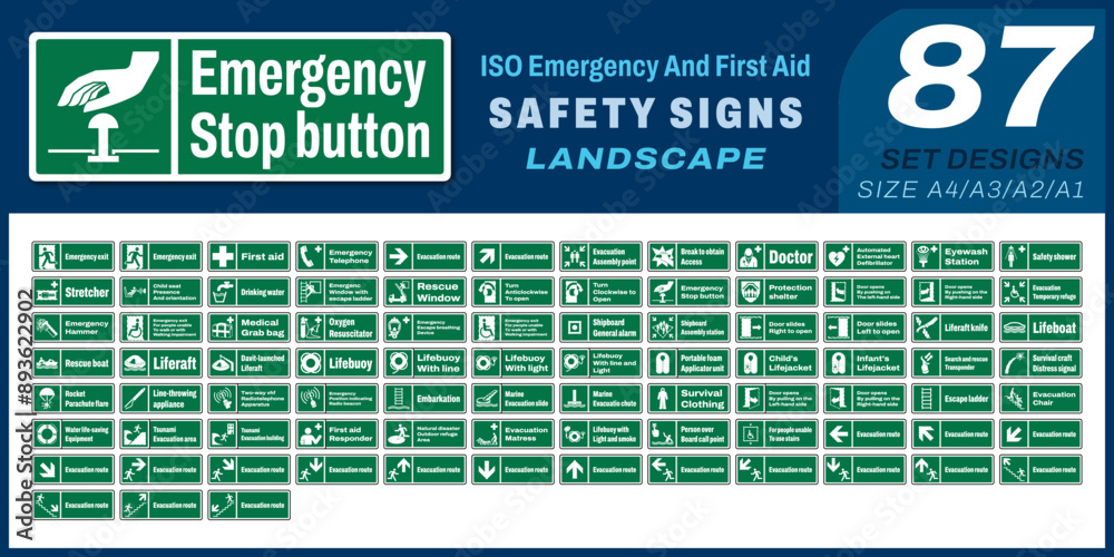 87 set ISO emergency and first aid safety signs v19 landscape size 1/2 ...