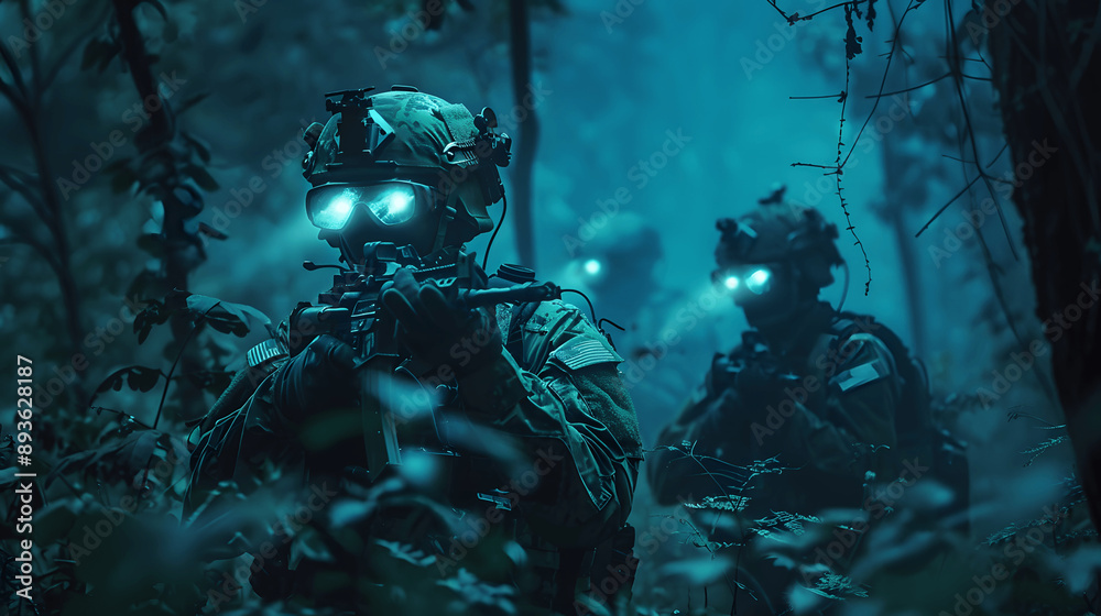 Soldiers in night vision goggles moving through dark forest in elite ...