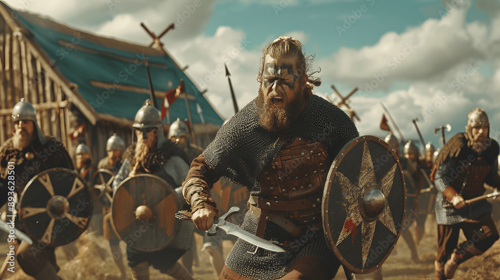 Photo & Art Print Viking warriors clashing with axes and shields in ...