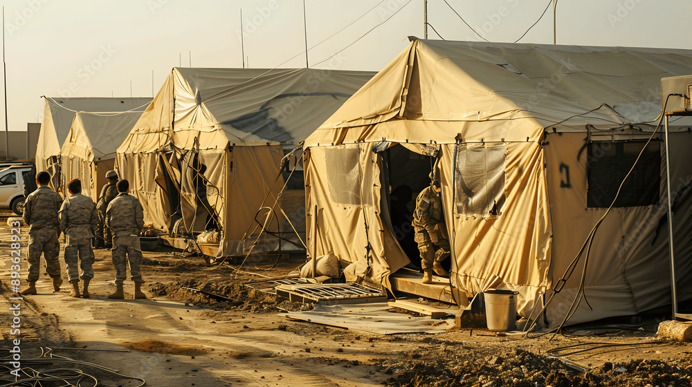 Military setting up field hospital tents with teamwork and coordination ...