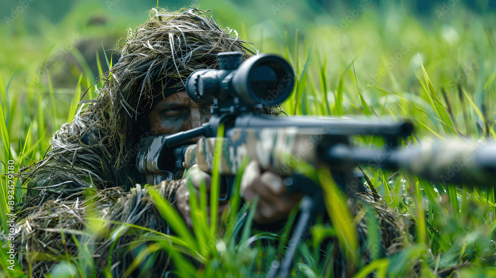 Sniper in ghillie suit aiming through scope in grassy field Stock Photo ...