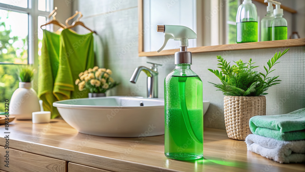 Fresh green spray detergent in recyclable bottle on bathroom counter ...
