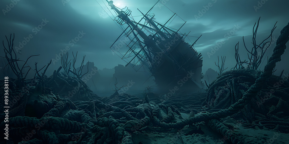 Creepy underwater world with a sunken ship and ghostly terrain ...