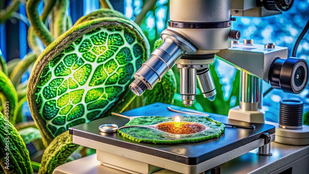 High-magnification digital microscope captures intricate details of a vibrant plant cell ...