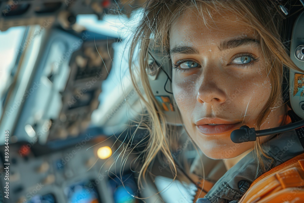 A concentrated female pilot is in the cockpit surrounded by luminous ...