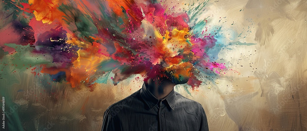 3D illustration of a person with an exploding head of colorful ideas ...