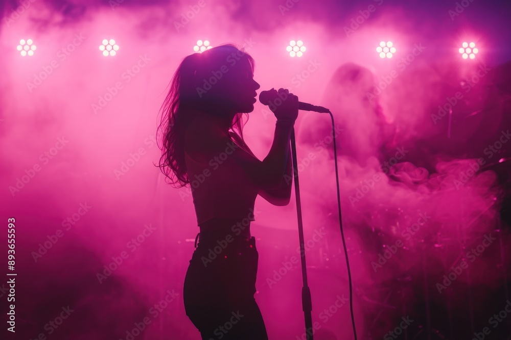 Silhouette of a female singer performing on the Stage, holding the ...