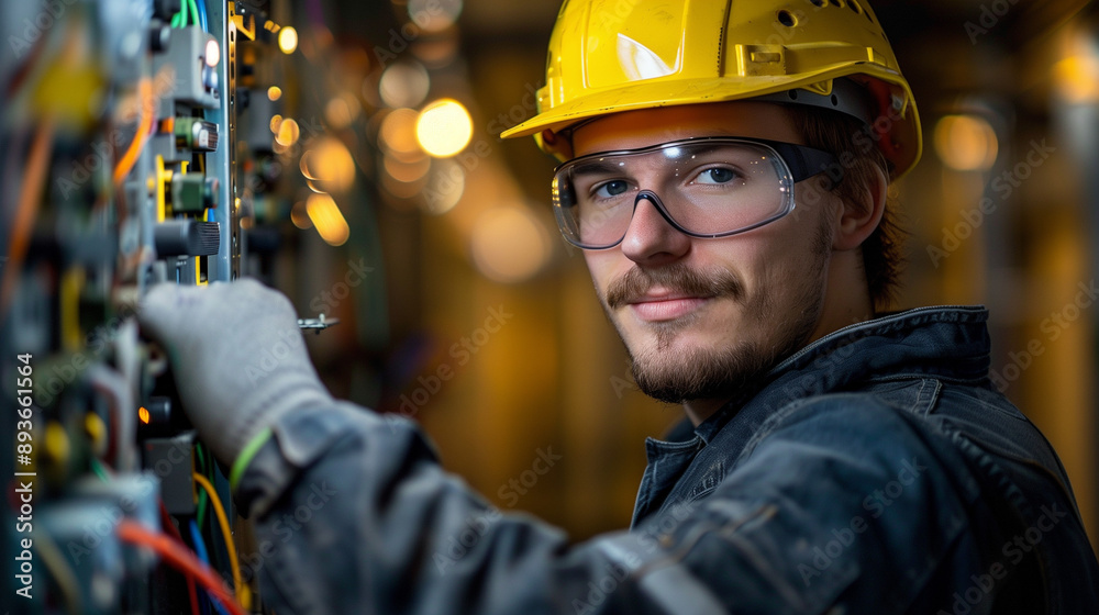 young electrician working with wiring, wearing safety gear and helmet ...