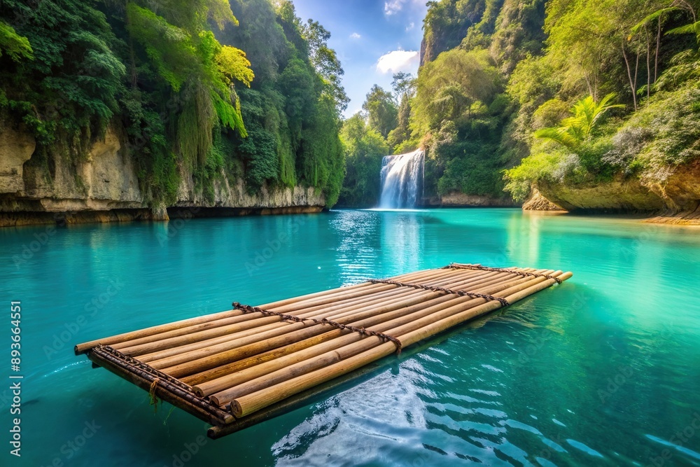 ภาพประกอบสต็อก Bamboo raft floating on turquoise water at Kawasan Falls ...