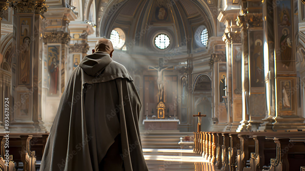fraile sacerdote orando y meditando ante el altar ante Dios en la ...
