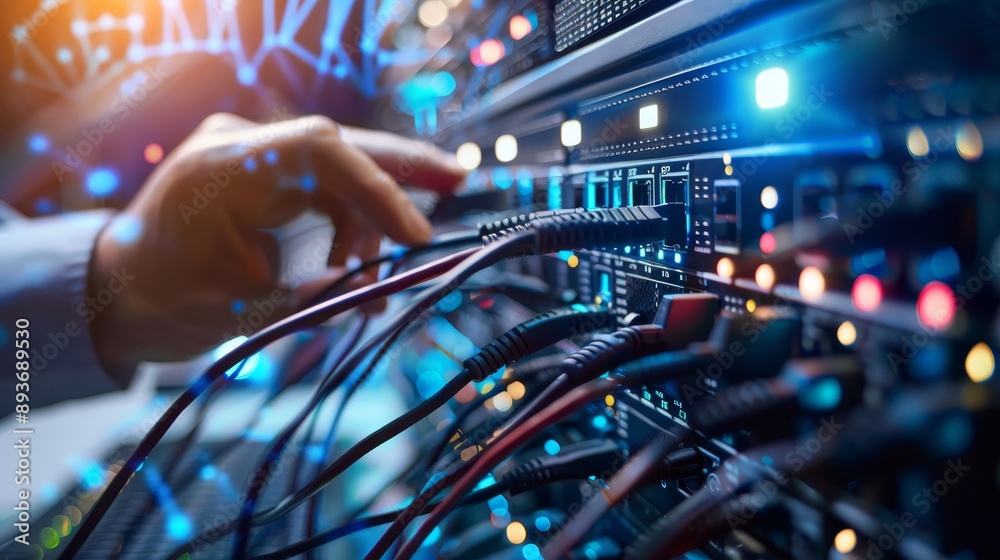 Hand connecting network cables to switches in data center. IT ...