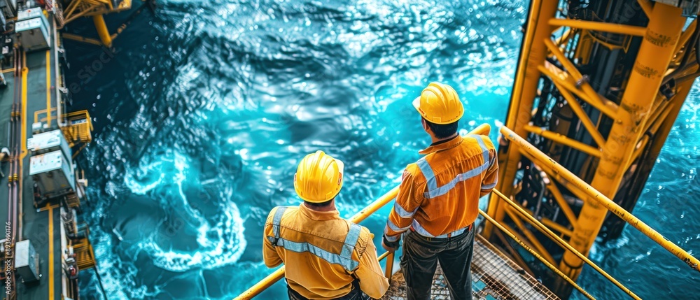 Two engineers on an offshore oil rig platform overseeing the ocean ...
