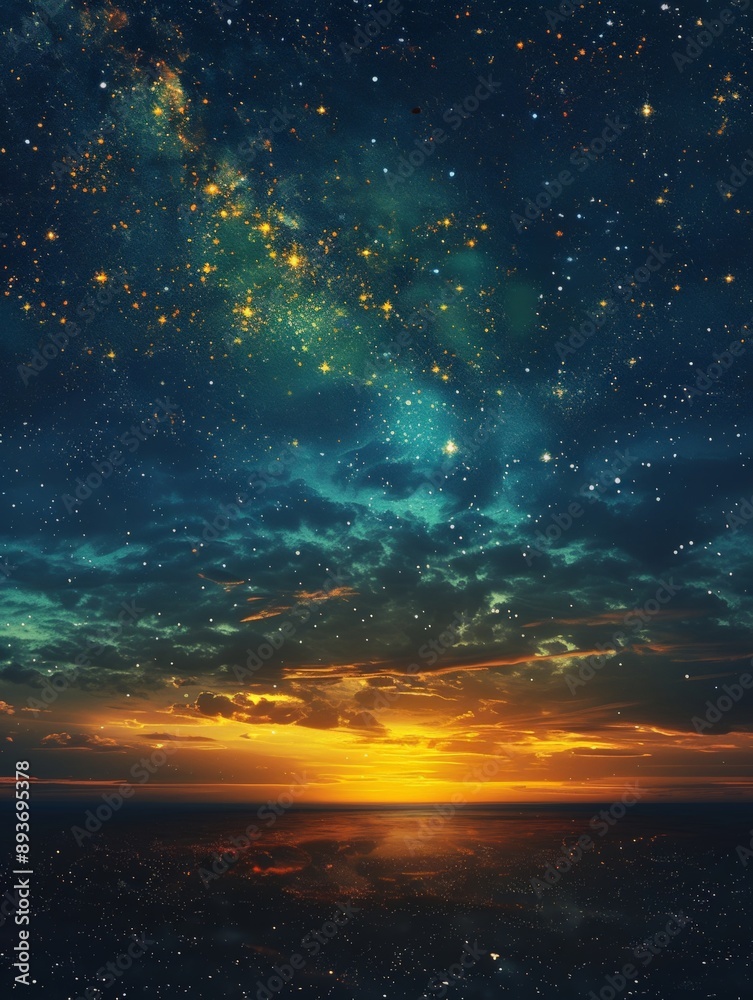 A vibrant transition from sunset to starry night sky over the ocean ...