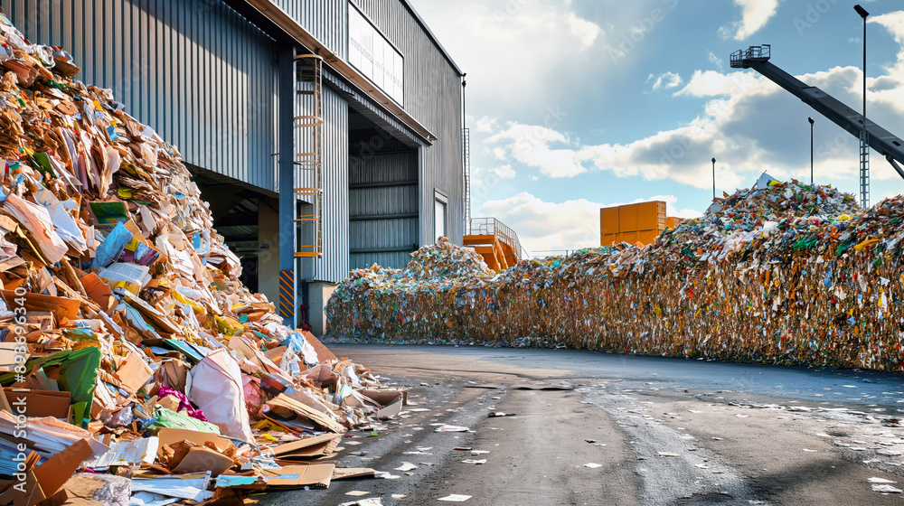 Large recycling facility with piles of sorted cardboard, paper, and ...