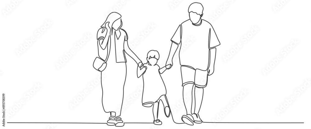 Happy family in continuous line art drawing style. Front view of ...