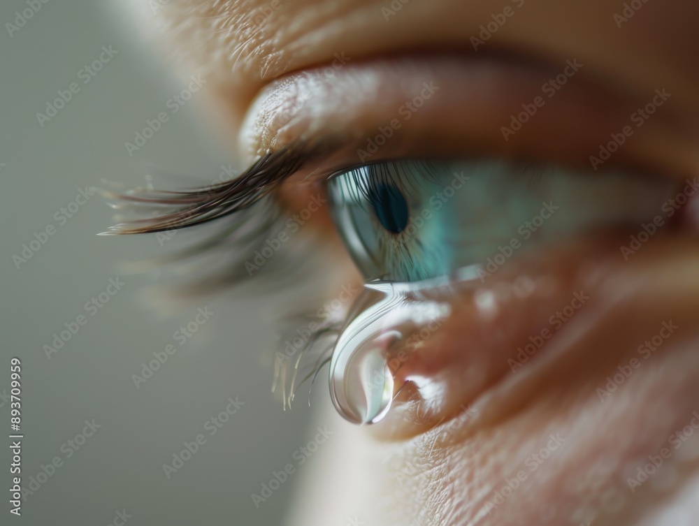 A macro view of a single tear rolling down a person's cheek, symbolizing the quiet, profound ...