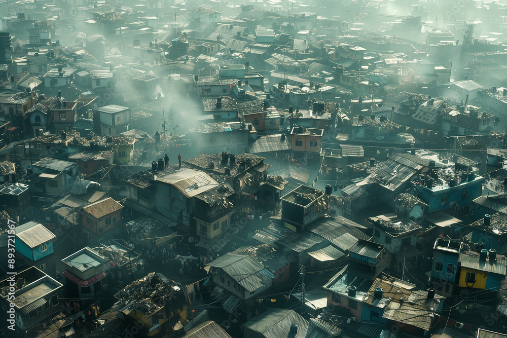 cityscape, futuristic, aerial overview of a crowded slum, foggy sci-fi ...