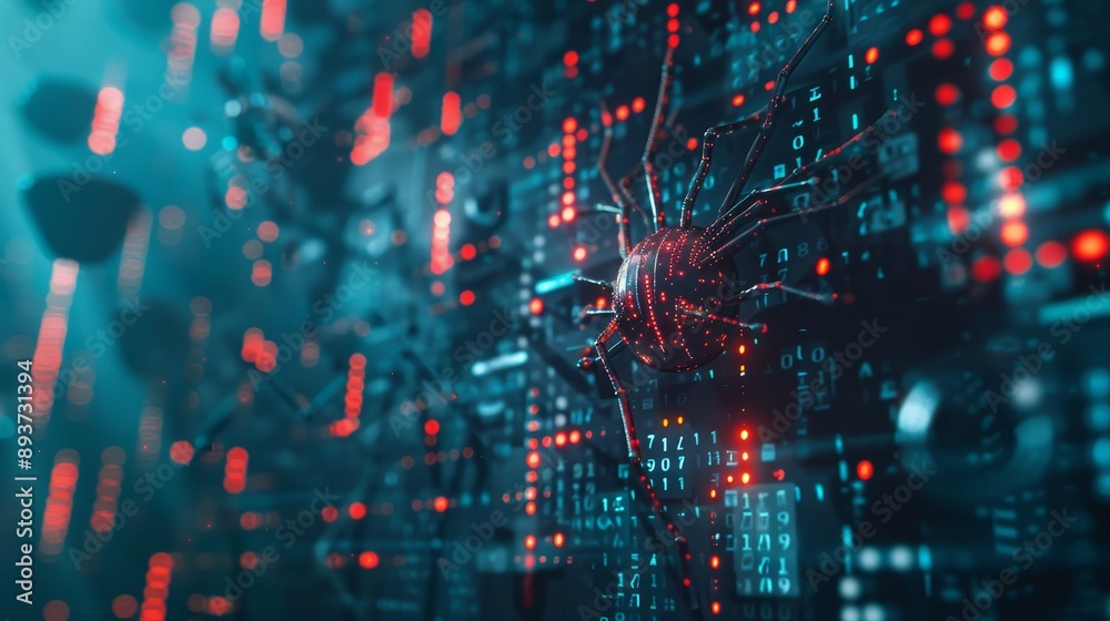 Cybersecurity Threat Spider Web of Code, Digital Spider, Blue and Red ...