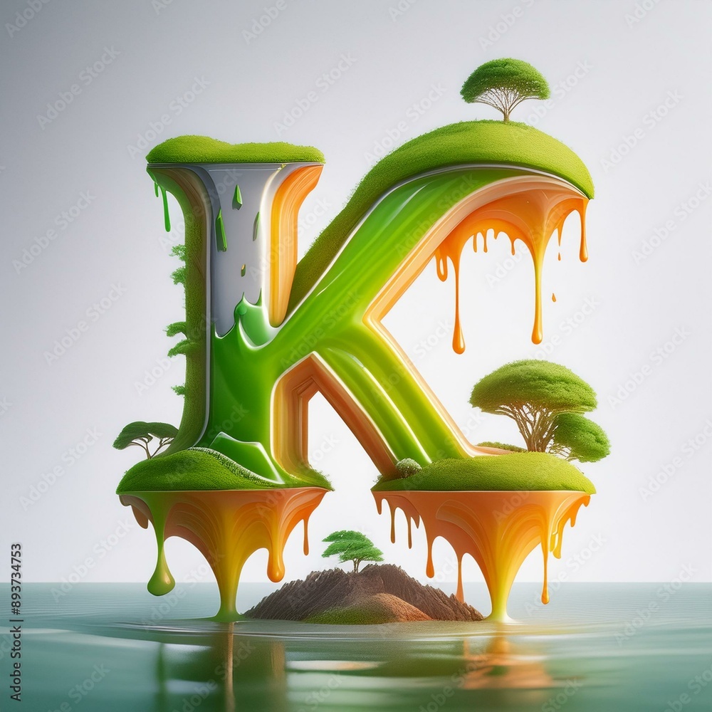 The K 3D and 2D letters are rendered in gold caramel color trim, green ...