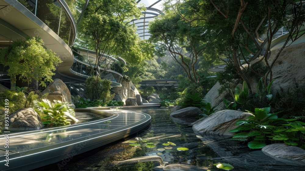 High-tech botanical garden with biophilic design and integrated green ...