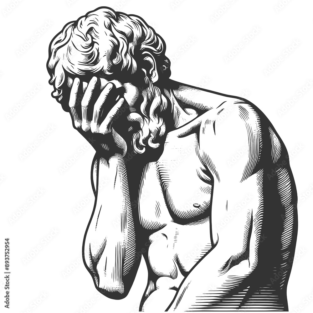 classical statue in a facepalm pose, capturing a moment of frustration ...