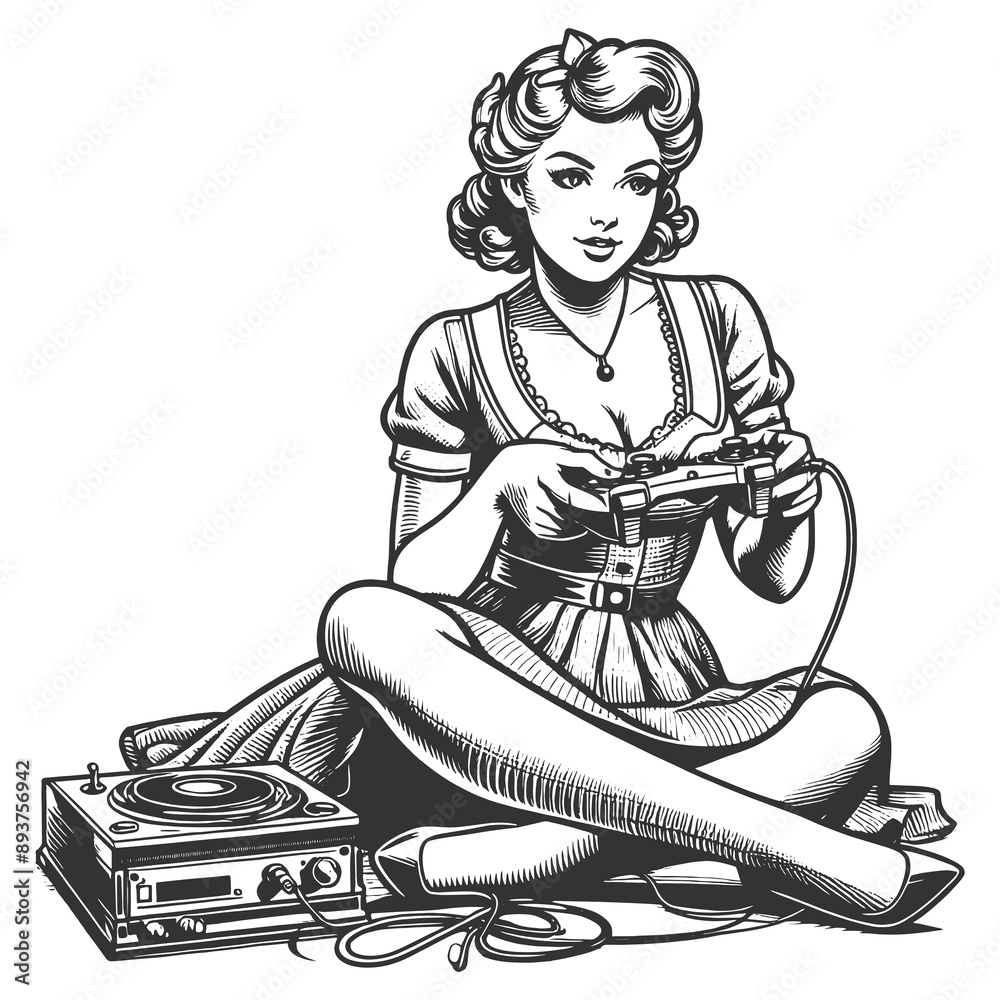pin-up girl playing a video game with a console, vintage and modern ...