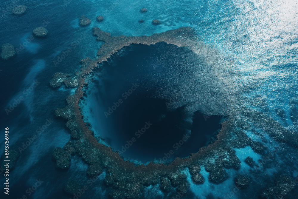 seascape with giant sinkhole in the ocean, blue hole in the reef at sea ...