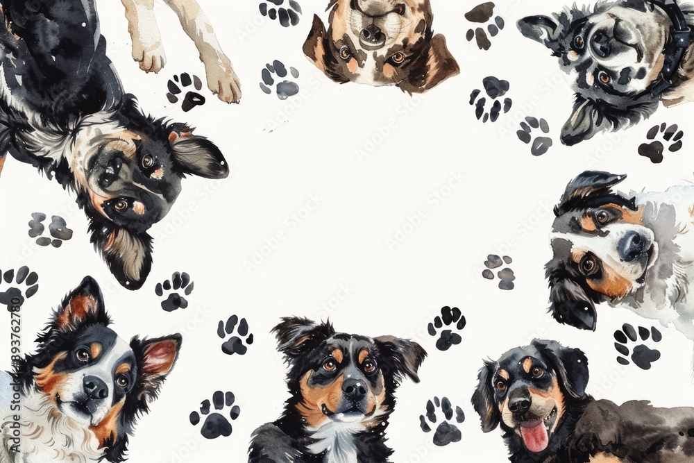 Watercolor illustration of various dog breeds with paw prints creating ...