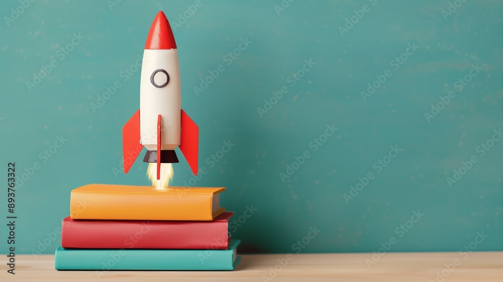 Series of science textbooks, each with a rocket at different stages of ...