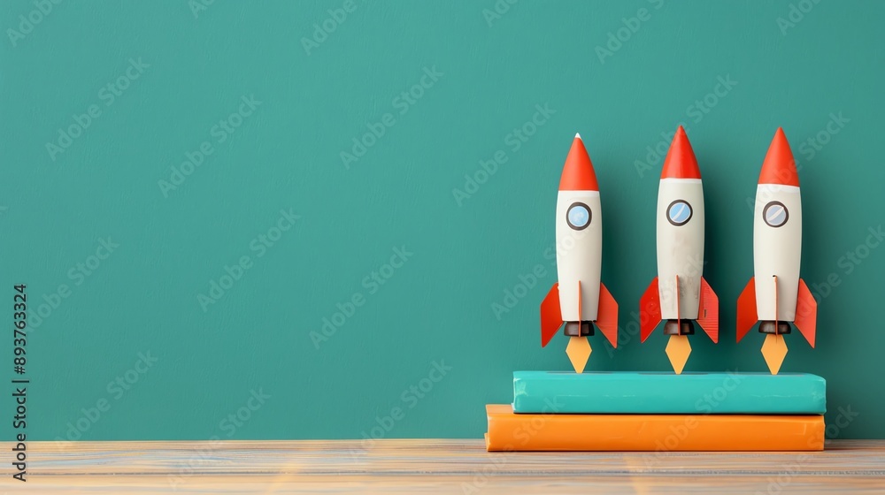 Series of science textbooks, each with a rocket at different stages of ...