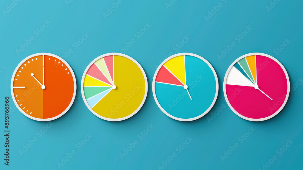 Four colorful pie charts on a blue background, each representing ...