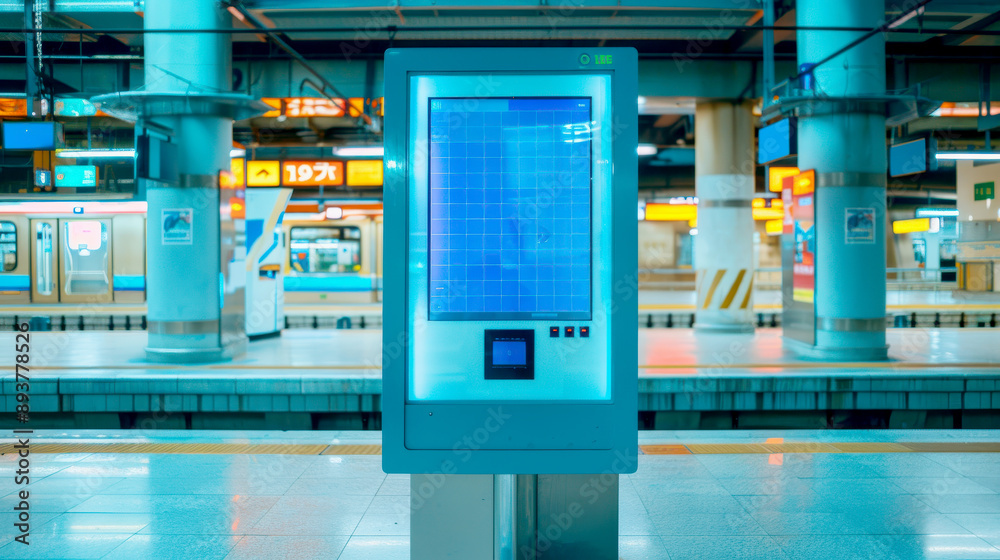 Modern train station with a digital information kiosk displaying travel ...
