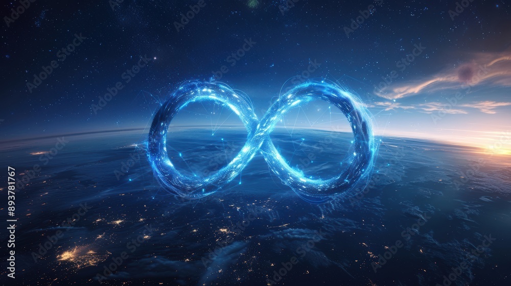 A blue glowing infinity symbol in space with Earth in the background ...
