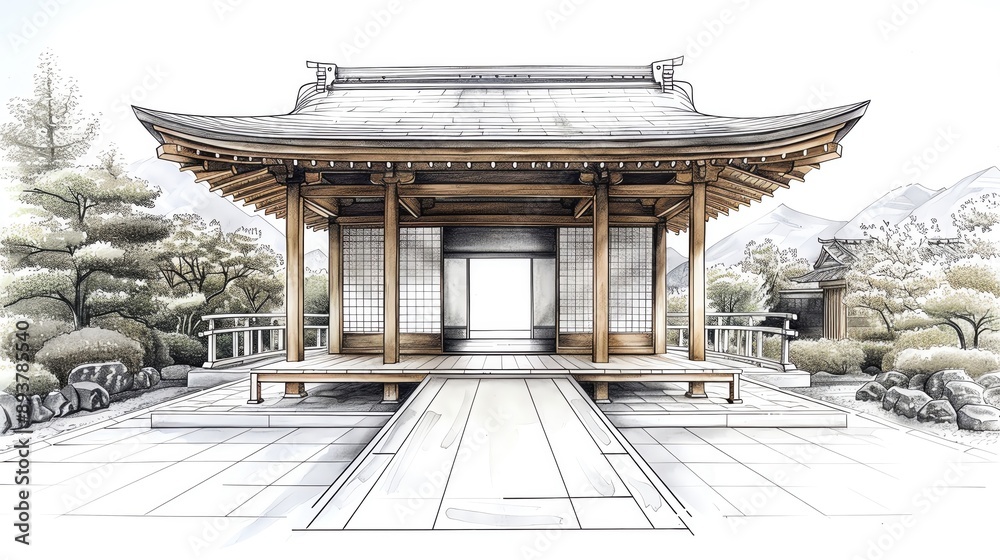 Pencil sketch of a traditional Japanese temple with a wooden structure ...